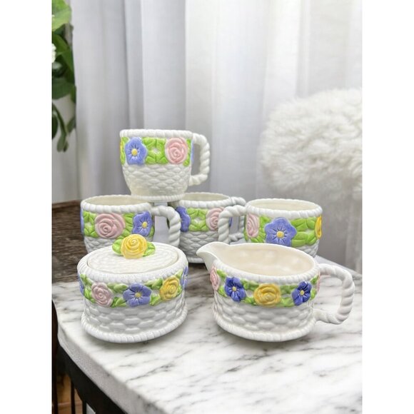 Hallmark | Dining | Vintage Hallmark Creamer Sugar Bowl 4 Mugs Basket ...